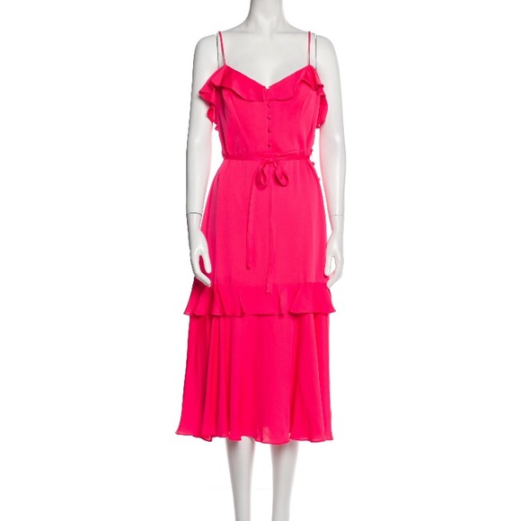 Milly | Dresses | Milly Bright Pink Silk Ruffle Button Midi Cami Slip ...
